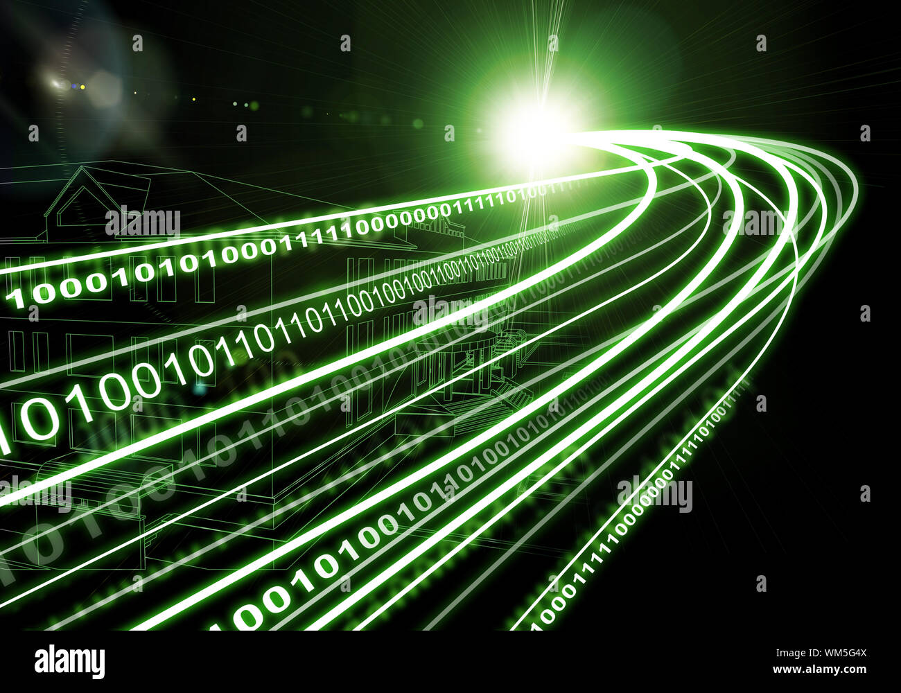 Wire-frame building, light beams with inscribed binary code ...