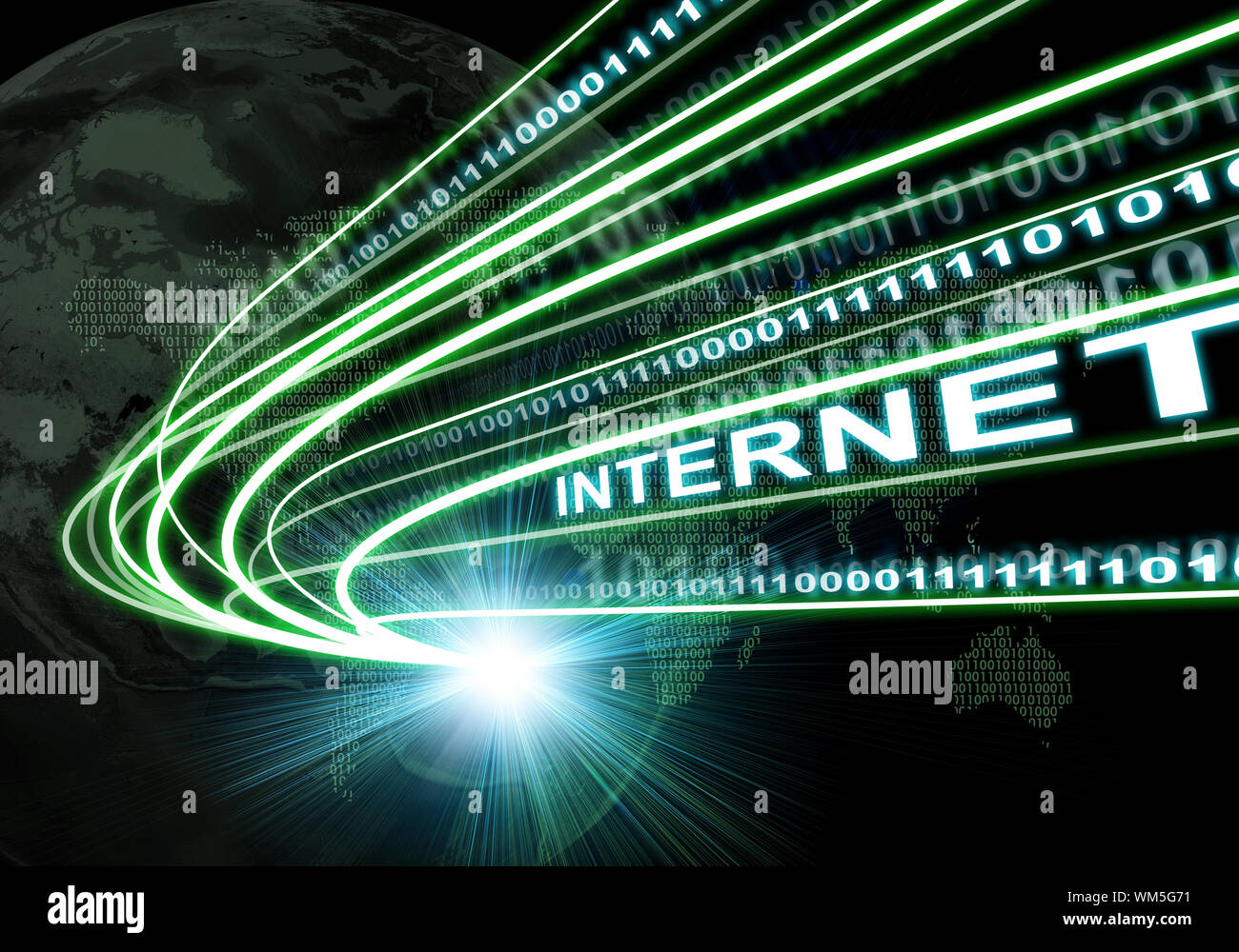 Earth, continents composed of digits, stream of light beams with ...