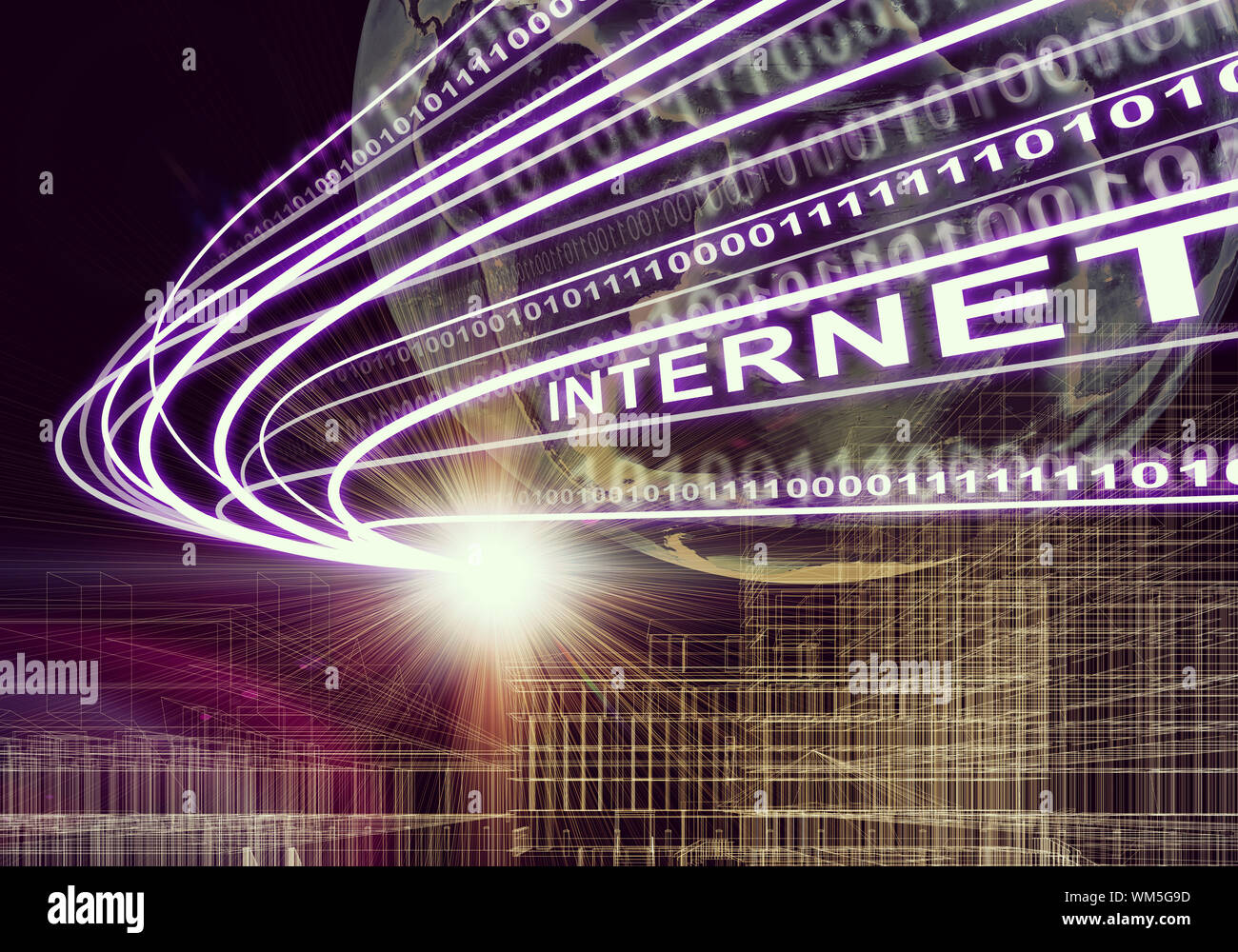 Earth, wire-frame building, stream of light beams with inscribed binary ...