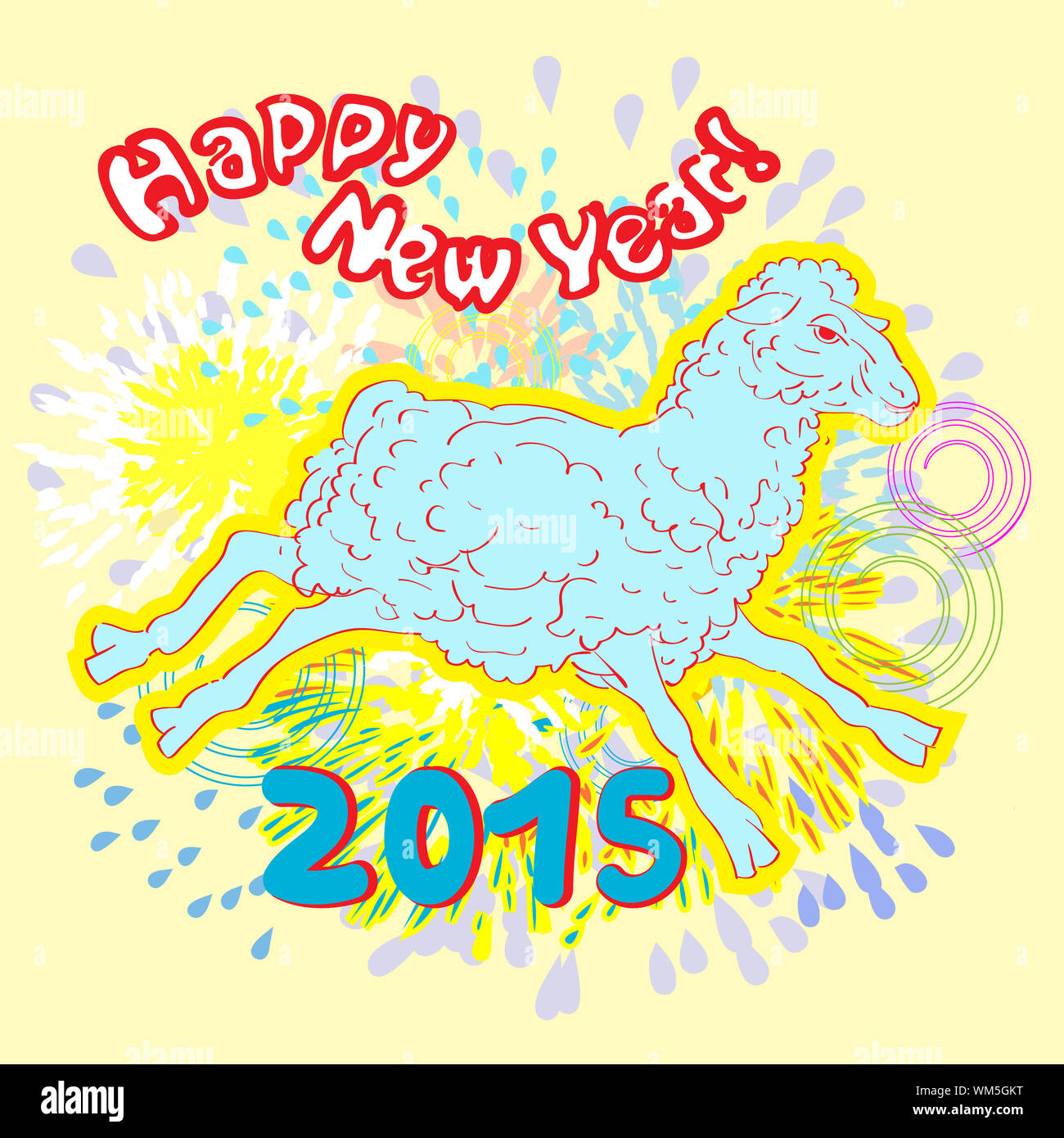 Happy New Chinese Year card with fireworks, hand drawn illustration of ...