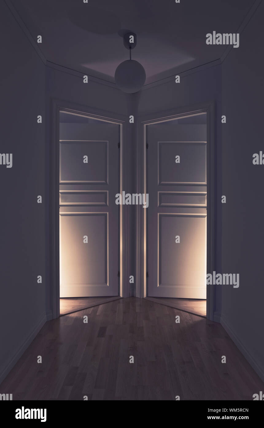 Spooky light comming from two opposing doors in a hallway Stock Photo ...