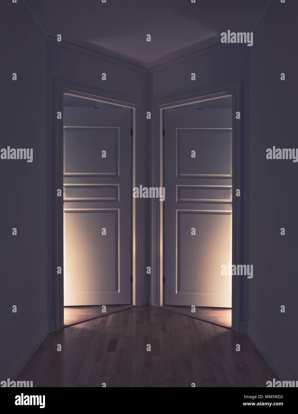Spooky light comming from two opposing doors in a hallway Stock Photo ...