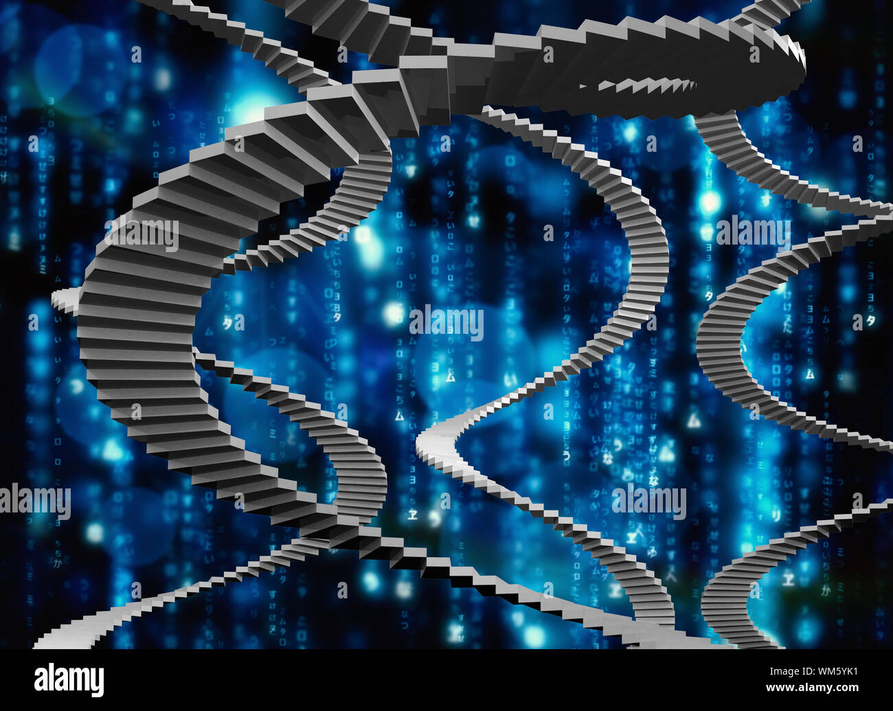 Winding stairs against digitally generated black and blue matrix Stock ...