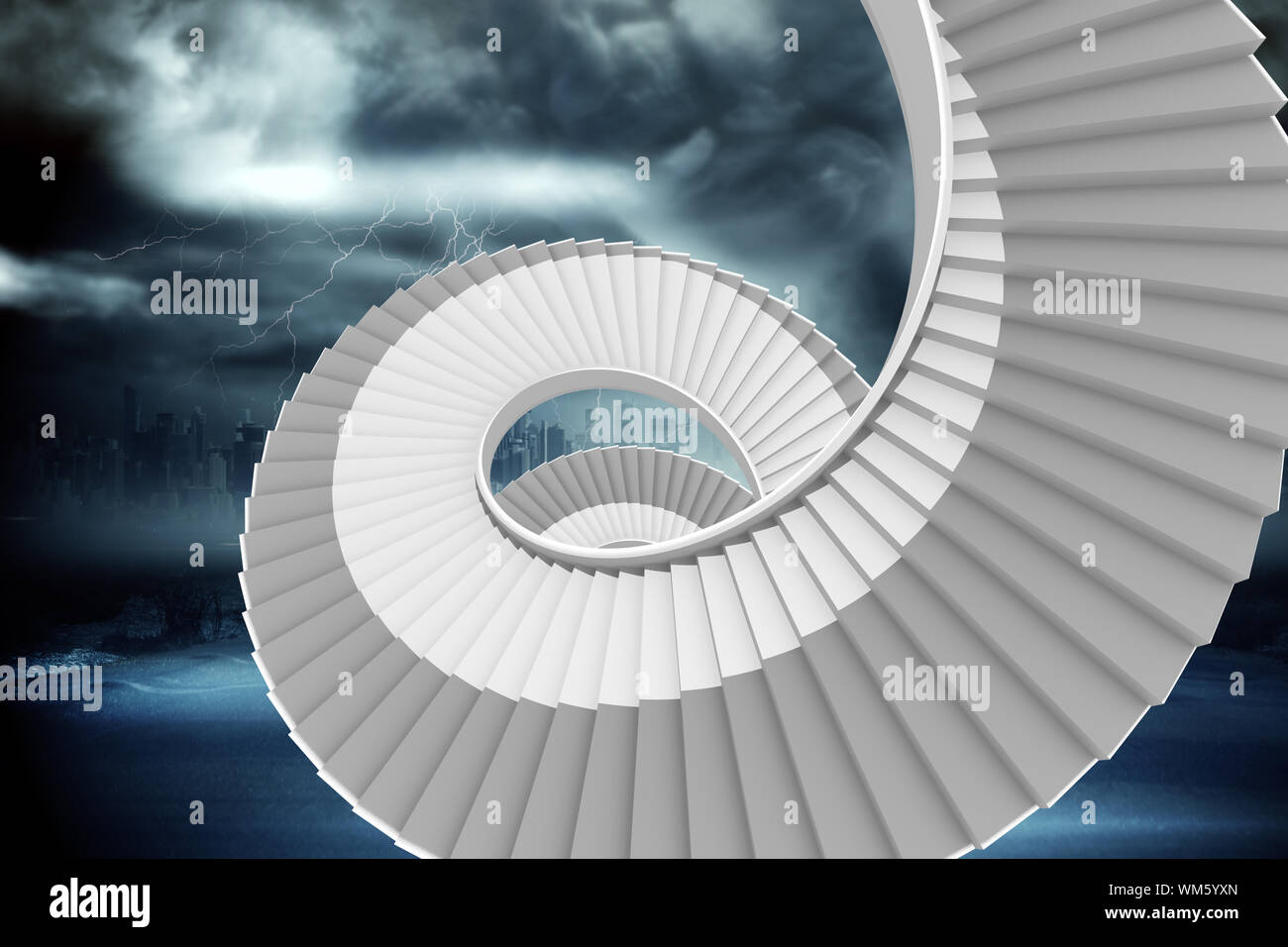 Winding stairs against stormy sky with tornado over road Stock Photo ...