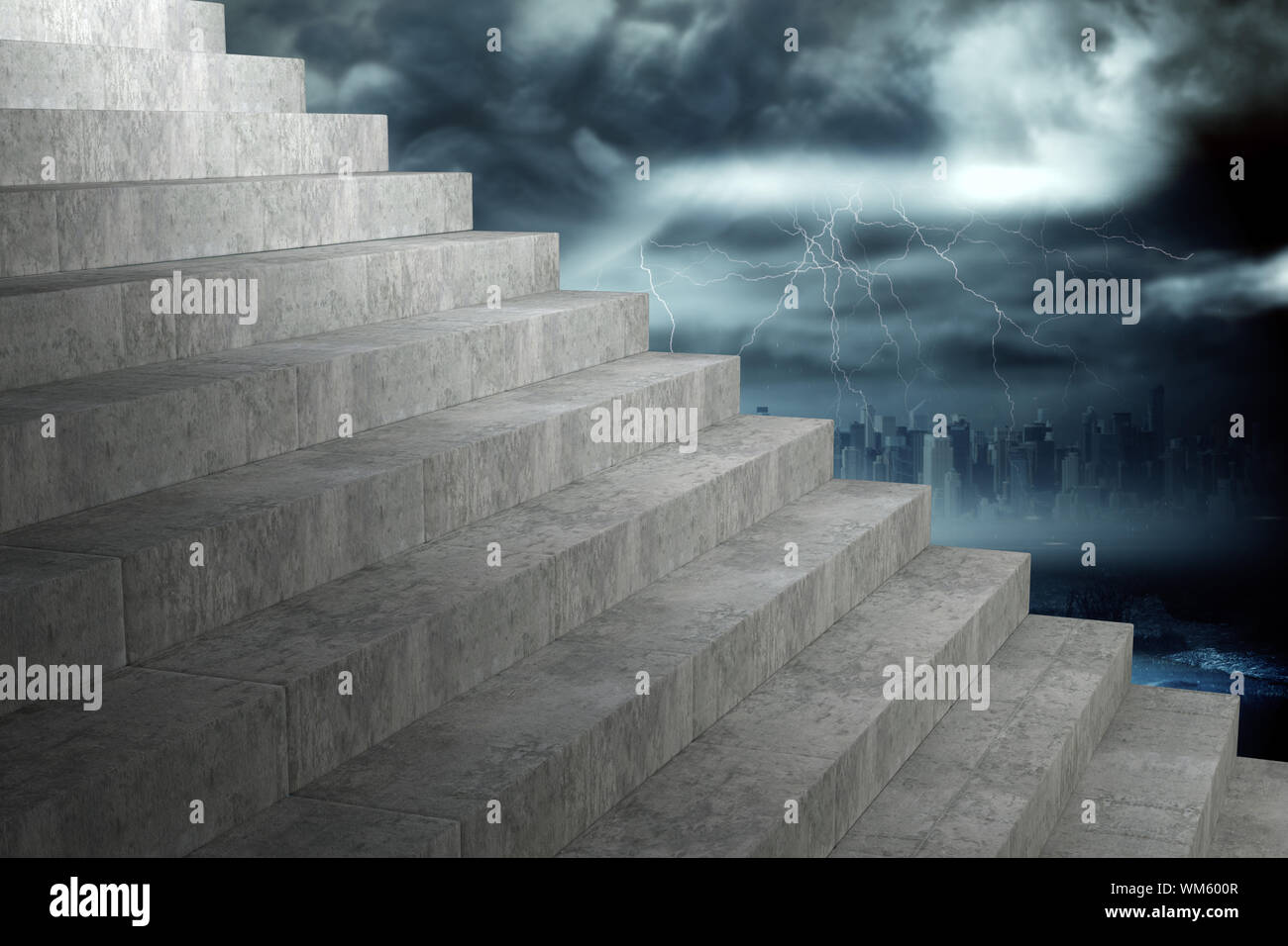 Grey steps against stormy sky with tornado over road Stock Photo - Alamy