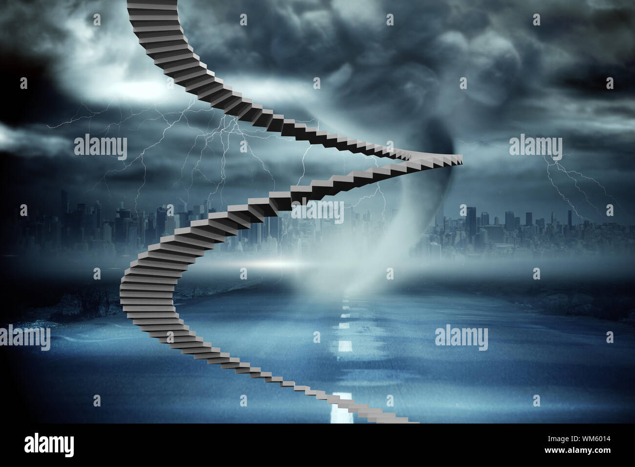 Winding stairs against stormy sky with tornado over road Stock Photo ...
