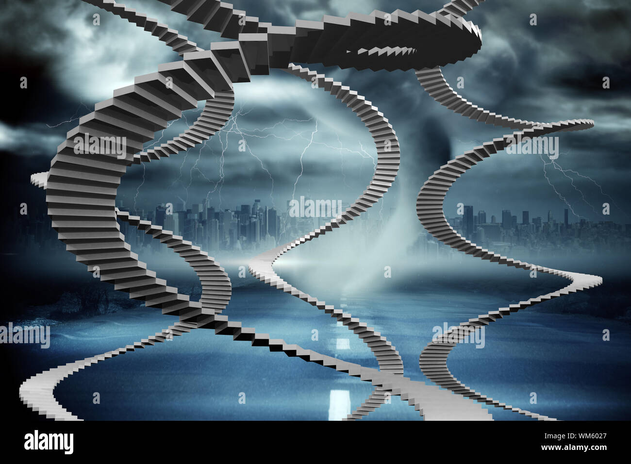 Winding stairs against stormy sky with tornado over road Stock Photo ...