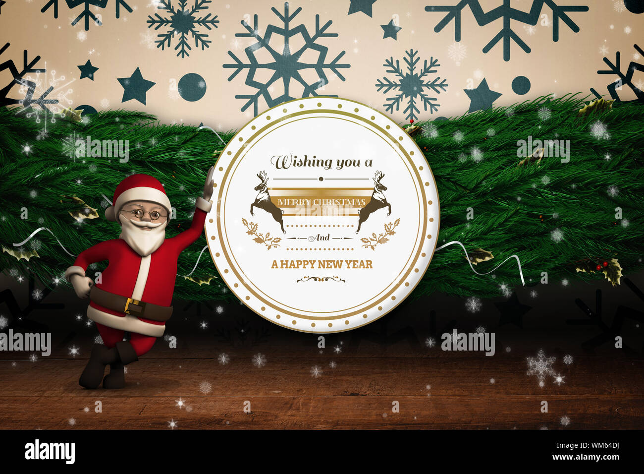 Cute cartoon santa claus against snow falling Stock Photo - Alamy