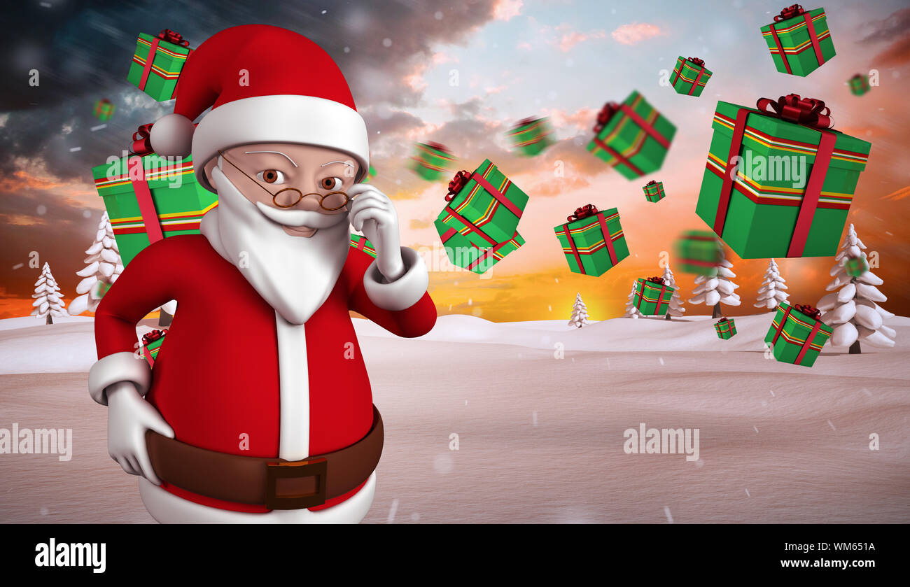 Cute cartoon santa claus against snowy landscape with fir trees Stock ...