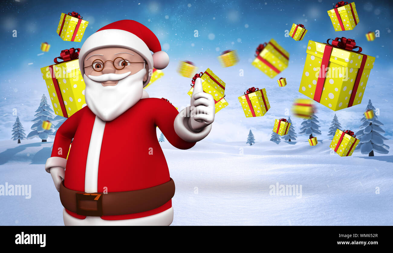 Cute cartoon santa claus against snowy landscape with fir trees Stock ...