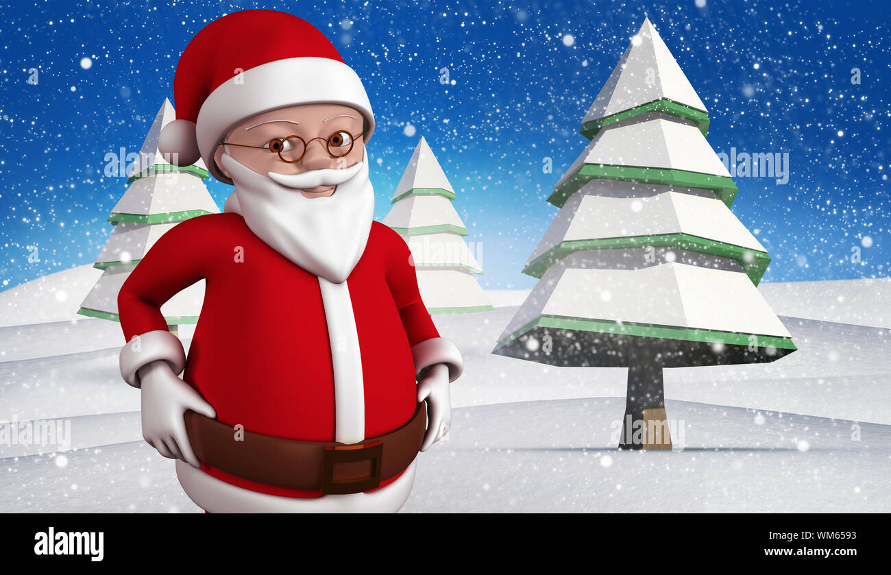 Cute cartoon santa claus against snowy landscape with fir trees Stock ...