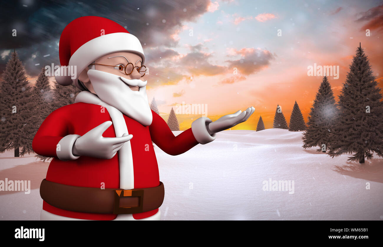 Cute cartoon santa claus against snowy landscape with fir trees Stock ...