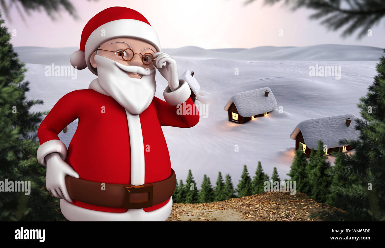 Cute cartoon santa claus against cute village in the snow Stock Photo ...