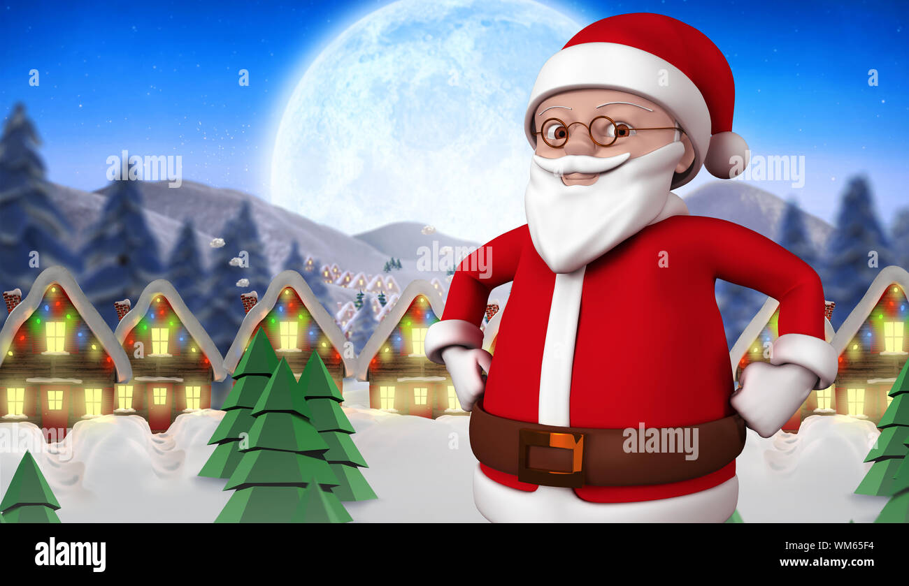 Cute cartoon santa claus against quaint town with bright moon Stock ...