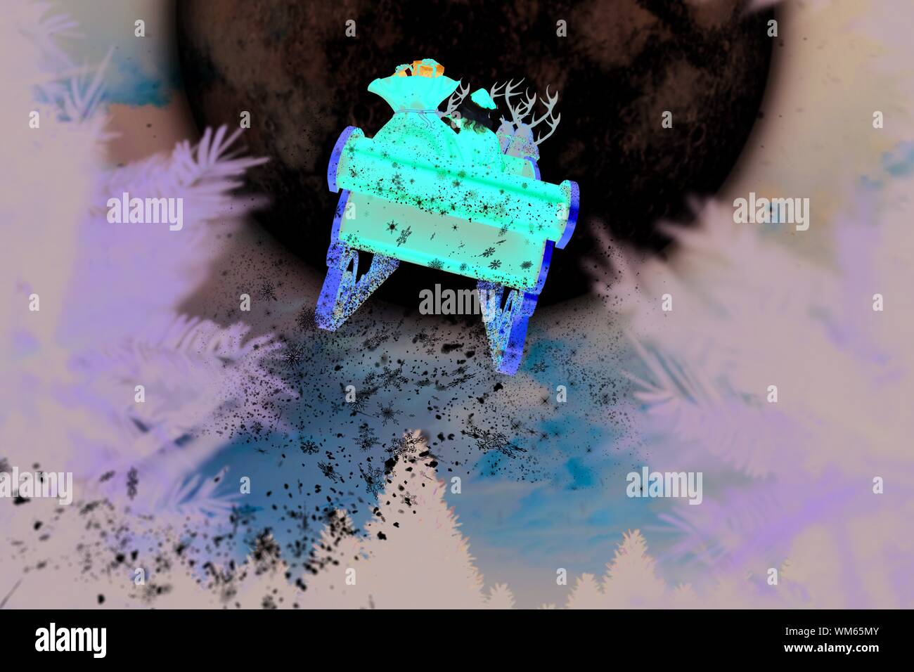 Santa flying his sleigh against full moon over forest Stock Photo - Alamy