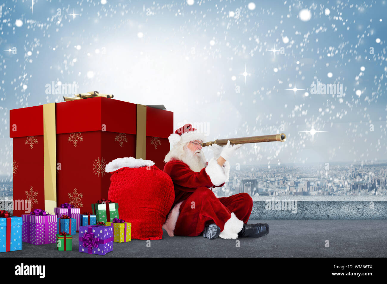 Santa looking through a telescope against balcony overlooking city ...