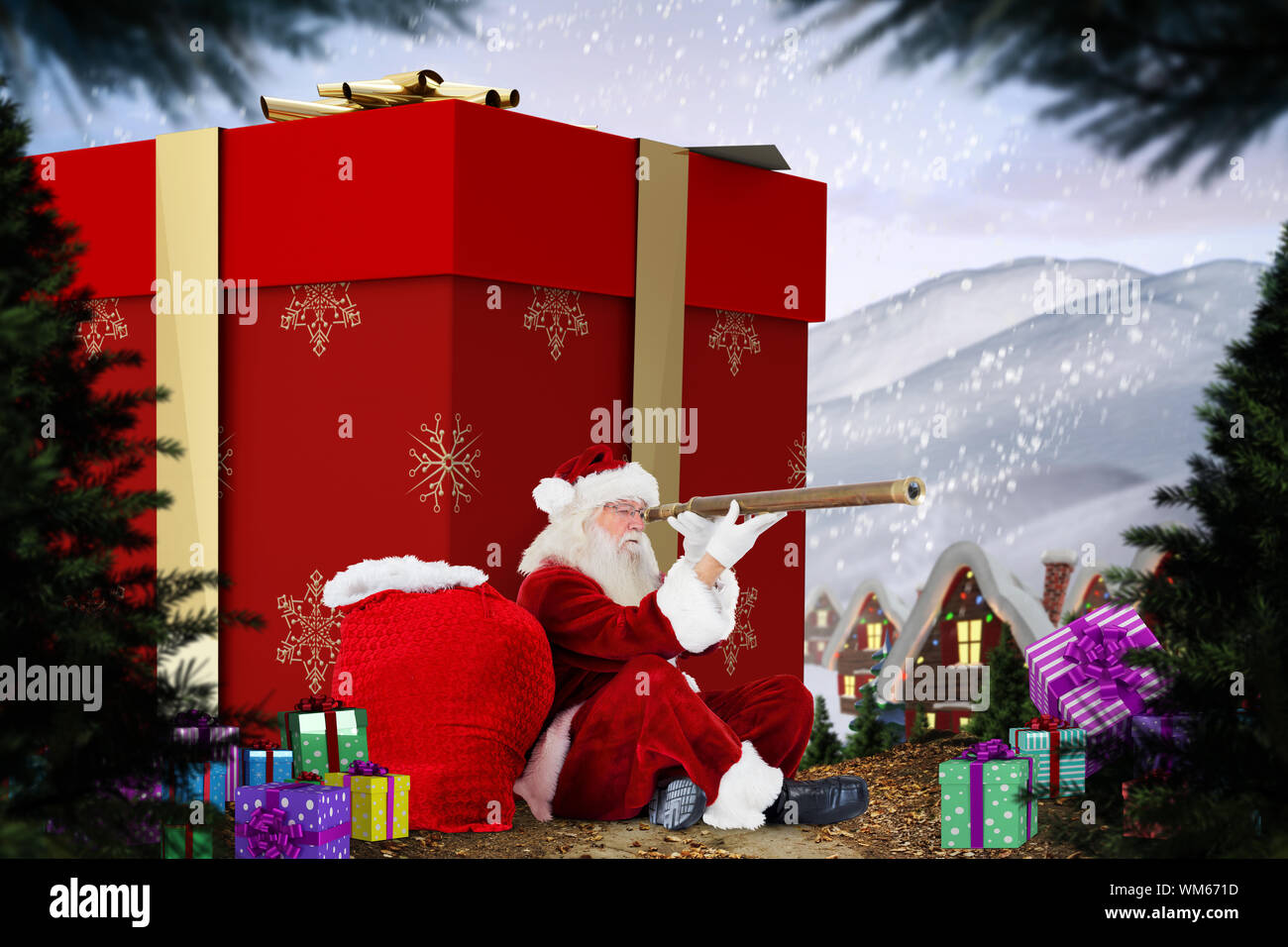 Santa looking through a telescope against cute village in the snow ...