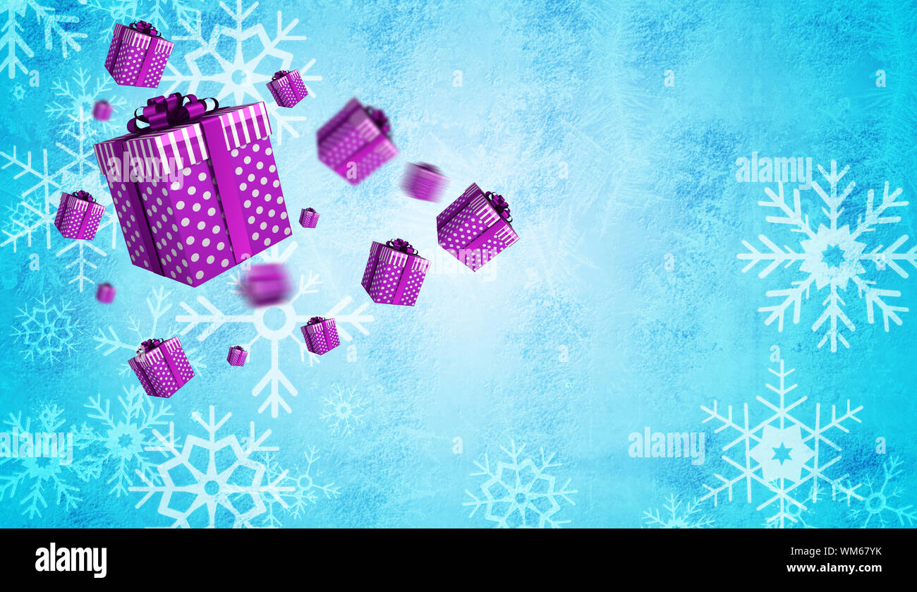 Flying christmas presents against blue snow flake pattern design Stock ...