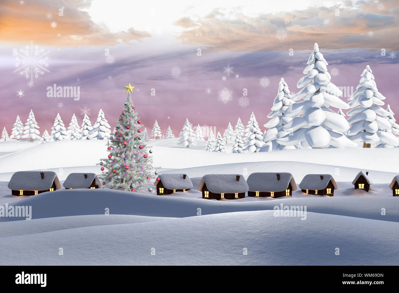 Snow covered village against snowy landscape with fir trees Stock Photo ...