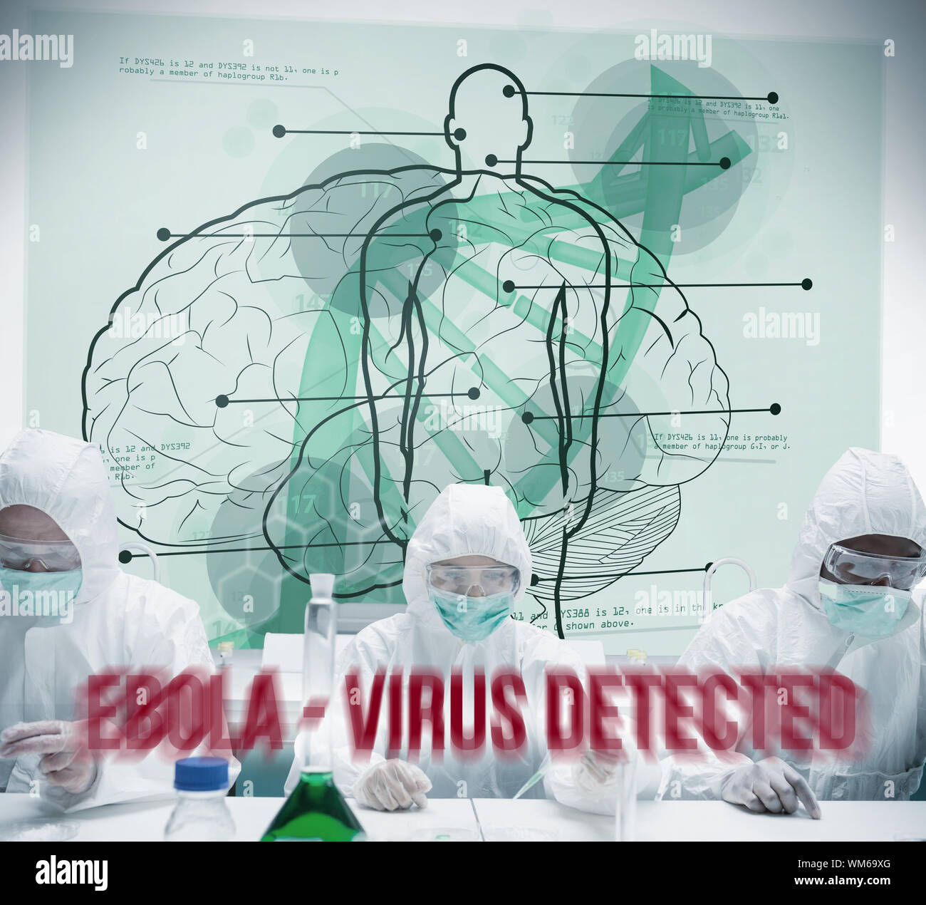 Chemists working in protective suit with futuristic interface showing ...