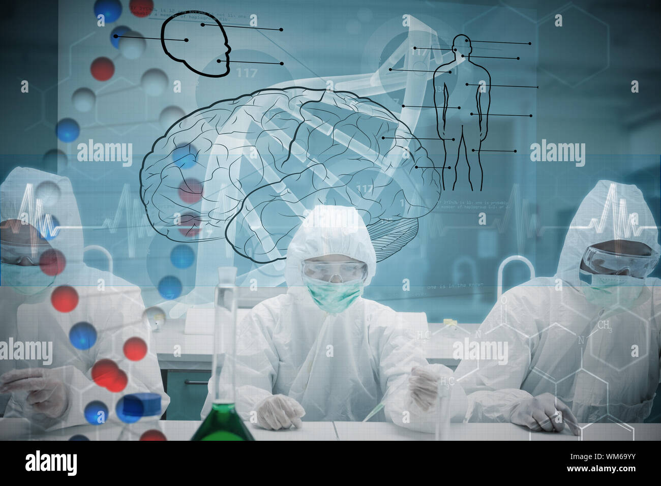 Chemists working in protective suit with futuristic interface showing ...