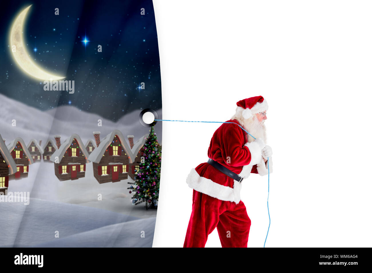 Santa claus pulling rope against white curtain blind Stock Photo - Alamy