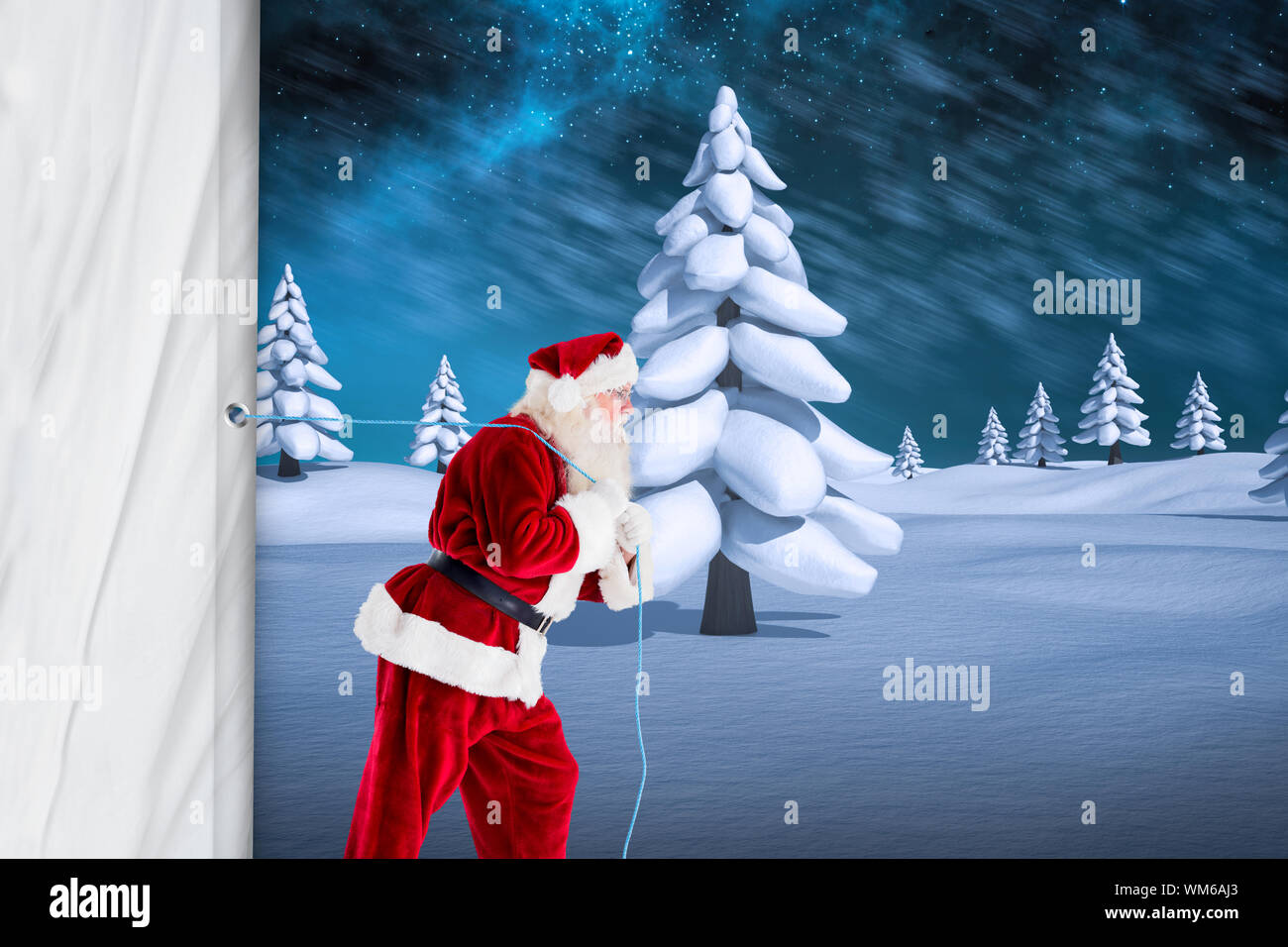 Santa claus pulling rope against white snowy landscape with fir trees ...