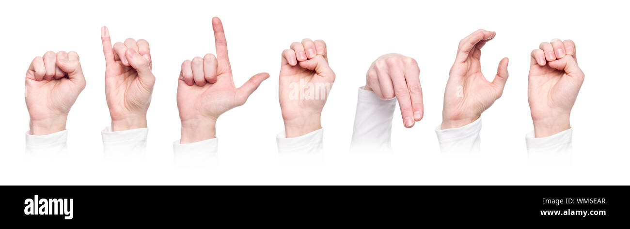 The word 'Silence' made in sign language isolated on a white background ...