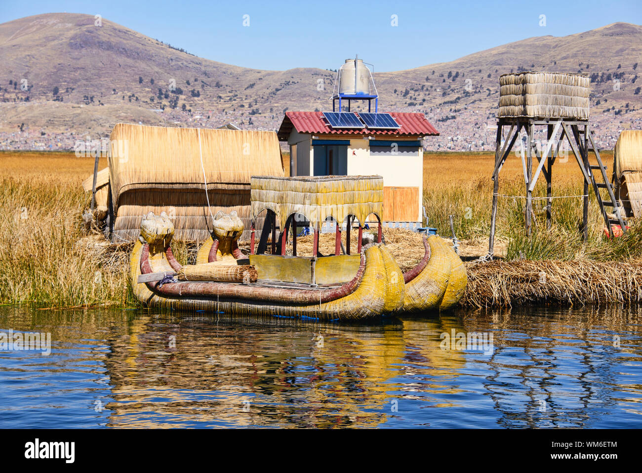 Traditional reed boat of the Uros islands, Lake Titicaca, Puno, Peru ...