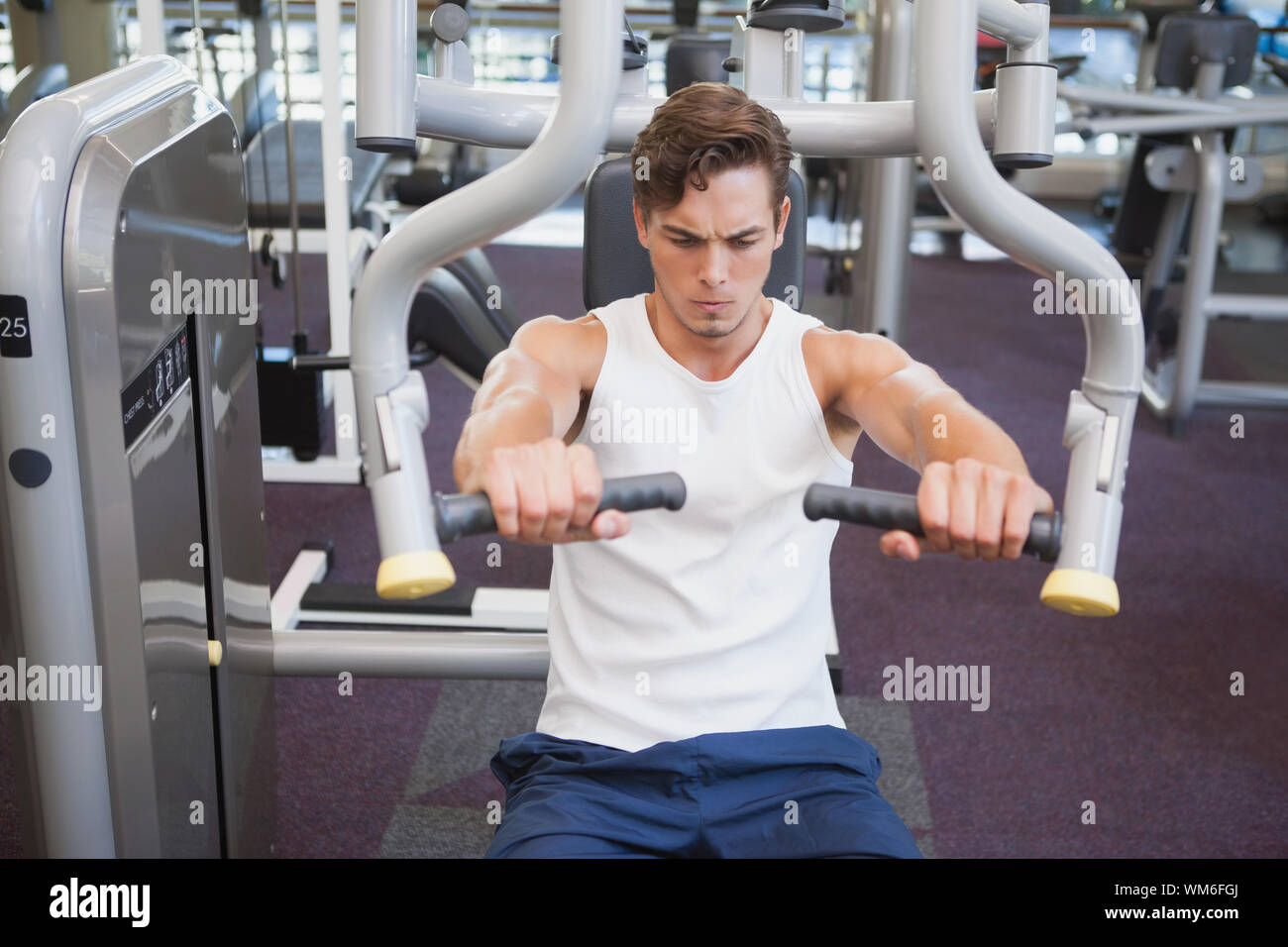 Fit man using weights machine for arms at the gym Stock Photo - Alamy