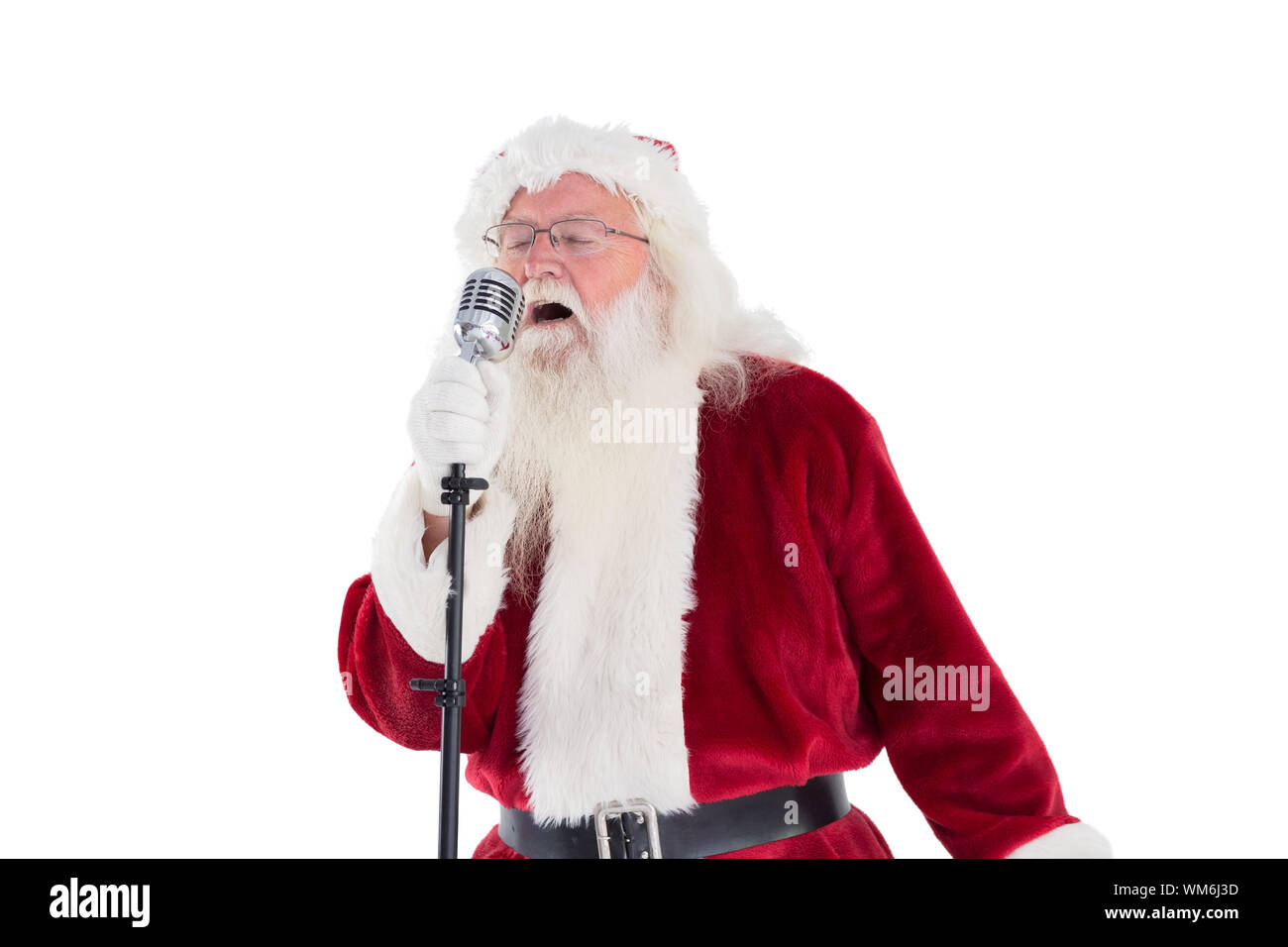 Santa Claus is singing Christmas songs on white background Stock Photo ...