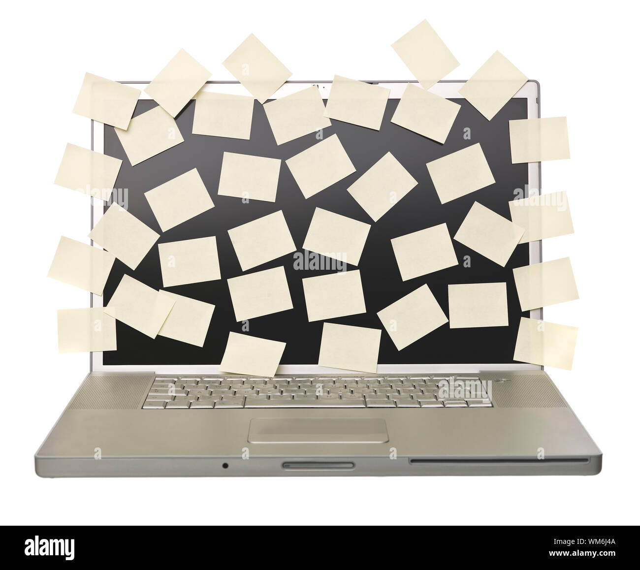 Grey laptop overflowed with empty post-its isolated on a white ...