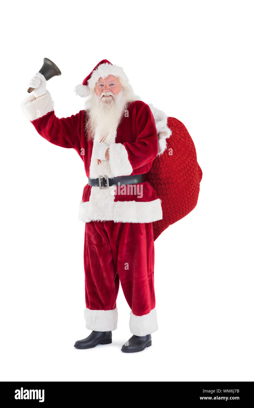 Santa rings his bell to camera on white background Stock Photo - Alamy