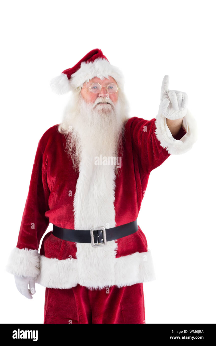 Santa Claus points at something on white background Stock Photo - Alamy