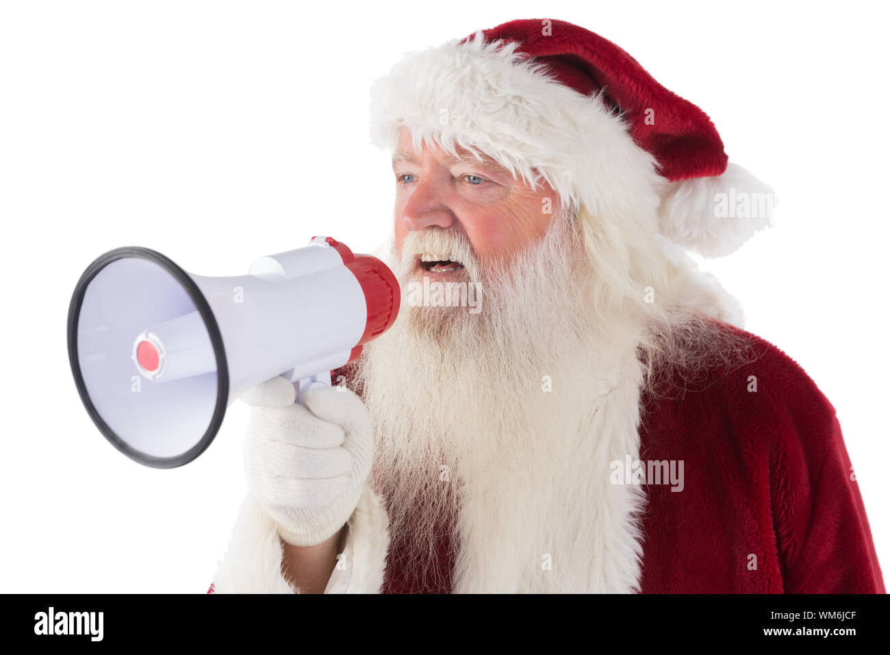 Santa Claus is using a megaphone on white background Stock Photo - Alamy