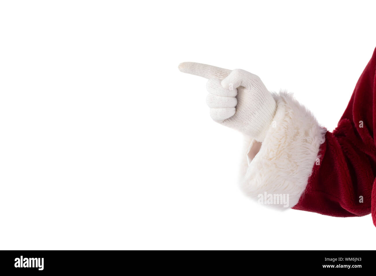 Santa Claus points at something on white background Stock Photo - Alamy