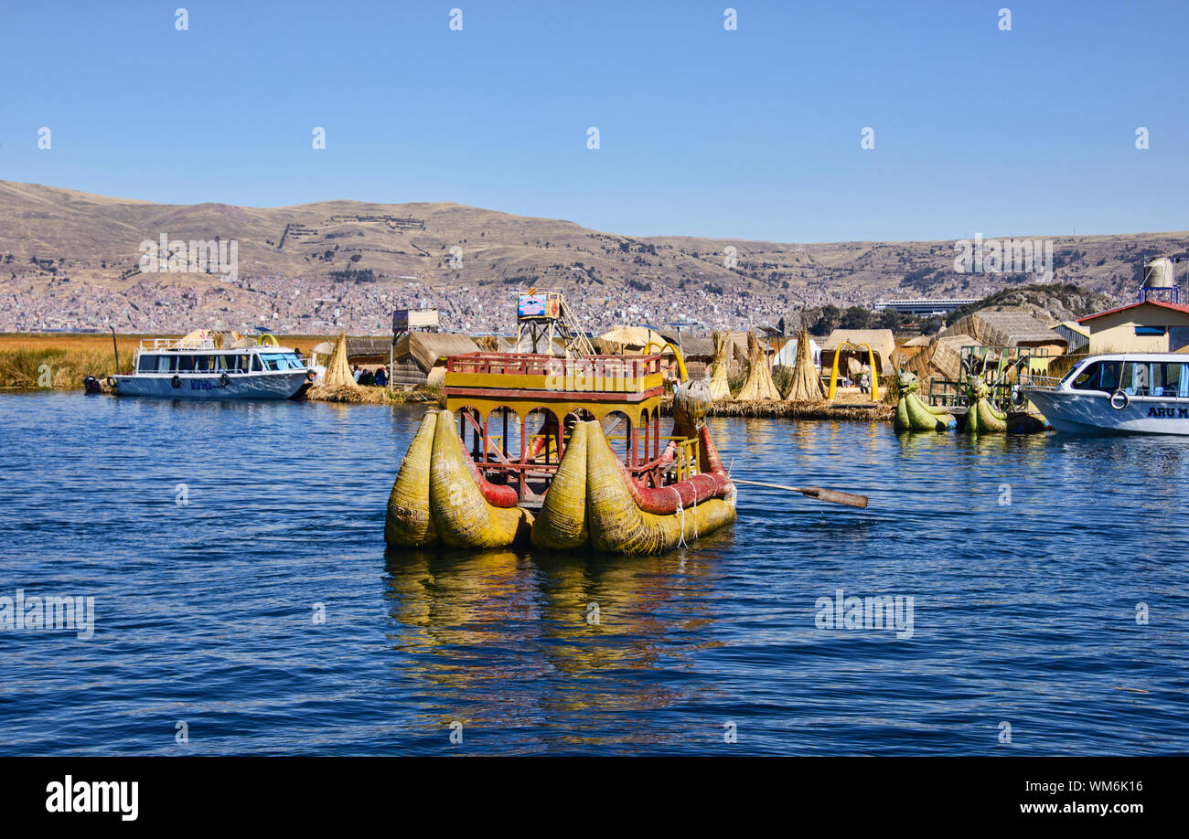 Traditional reed boat of the Uros islands, Lake Titicaca, Puno, Peru ...