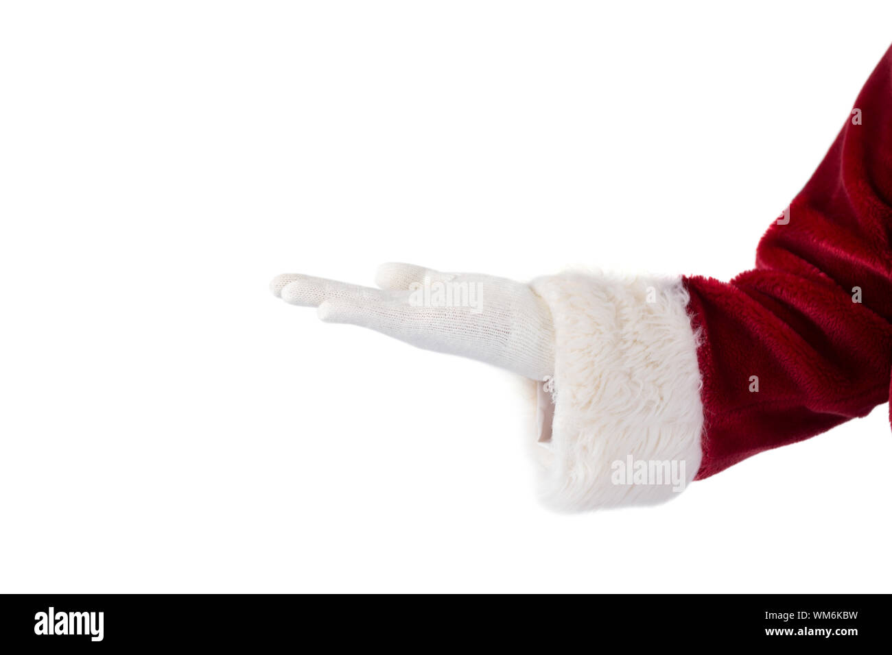 Santa Claus presents something with his open hand on white background ...