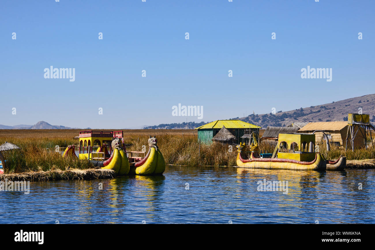 Traditional reed boat of the Uros islands, Lake Titicaca, Puno, Peru ...