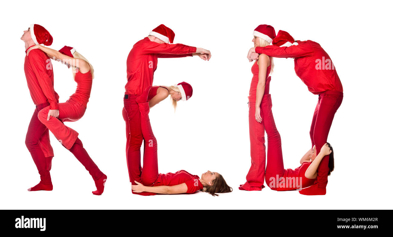 Group of red dressed people forming the word 'RED'. Isolated on white ...