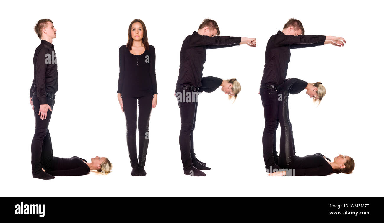 Group of people forming the word 'LIFE', isolated on white background ...