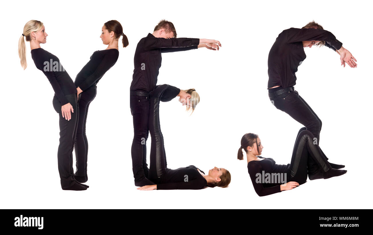 Group of people forming the word 'YES', isolated on white background ...