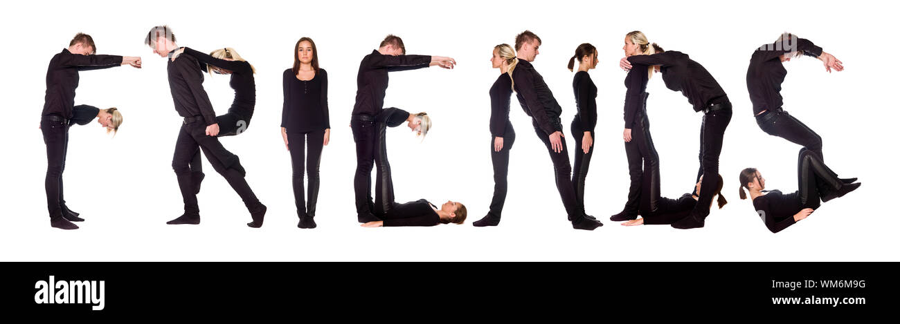 Group of people forming the word 'FRIENDS', isolated on white ...