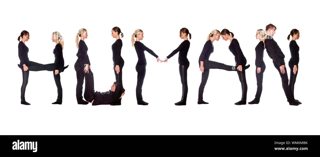 Group of people forming the word 'HUMAN', isolated on white background ...