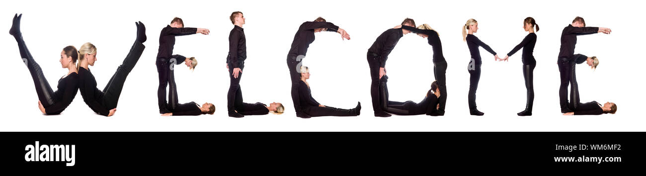 Group of people forming the word 'WELCOME', isolated on white ...