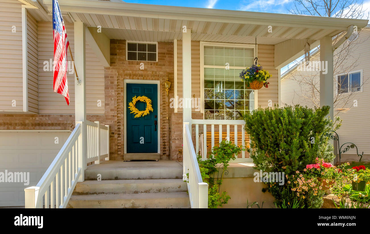 Panorama Panorama frame Stairs leading to the porch and front door of a ...