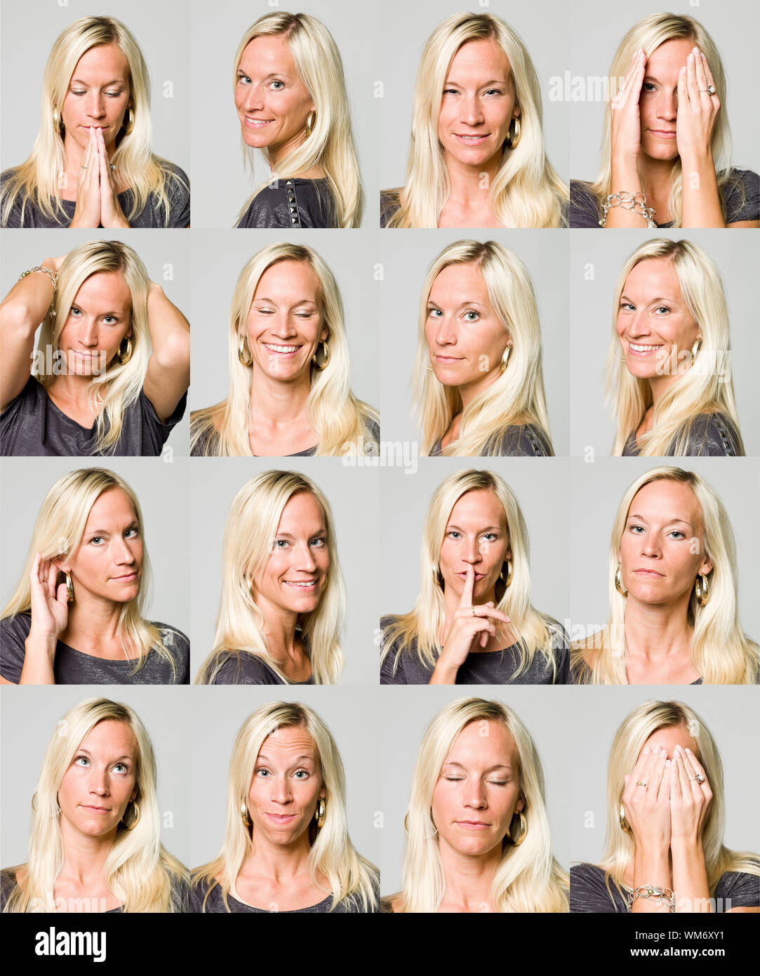 Sixteen facial expressions of a woman Stock Photo - Alamy