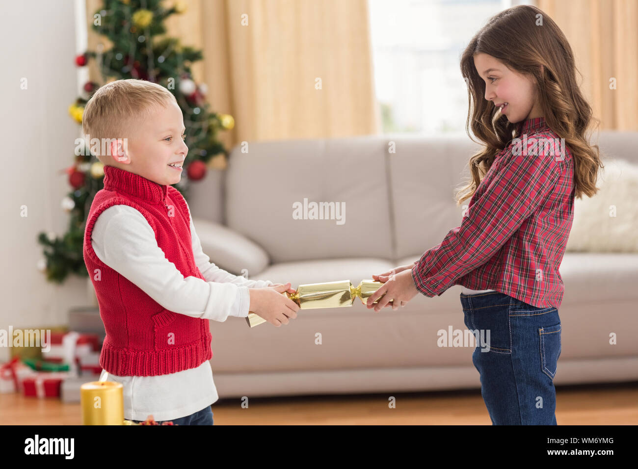 Festive siblings pulling a cracker at home in the living room Stock ...
