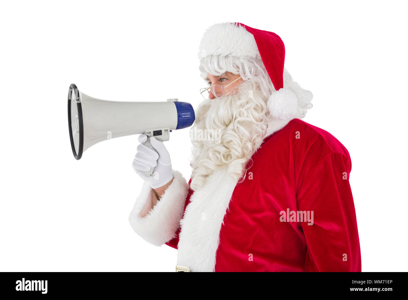 Santa claus speaking on megaphone on white background Stock Photo - Alamy