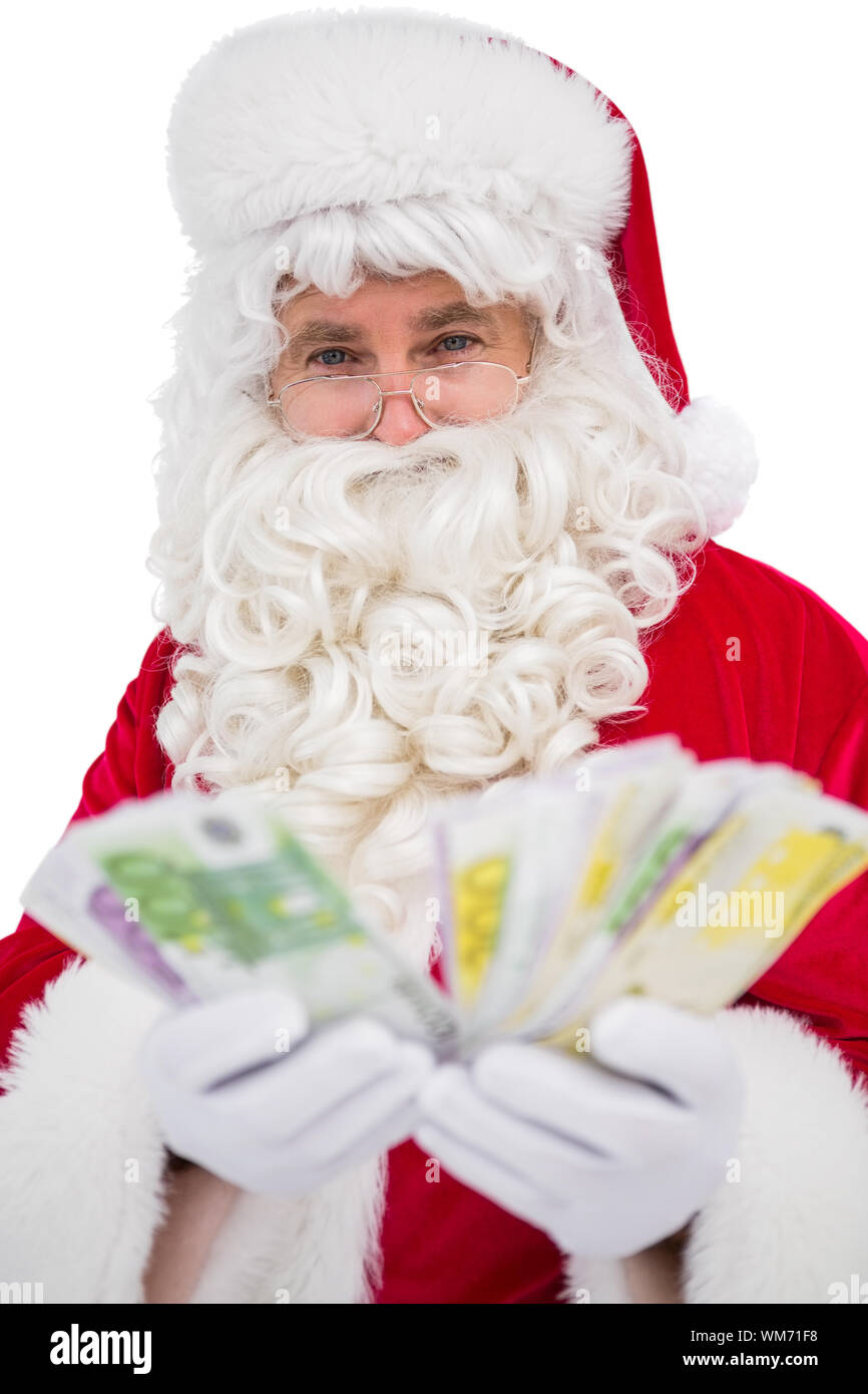 Happy santa claus showing his cash on white background Stock Photo - Alamy